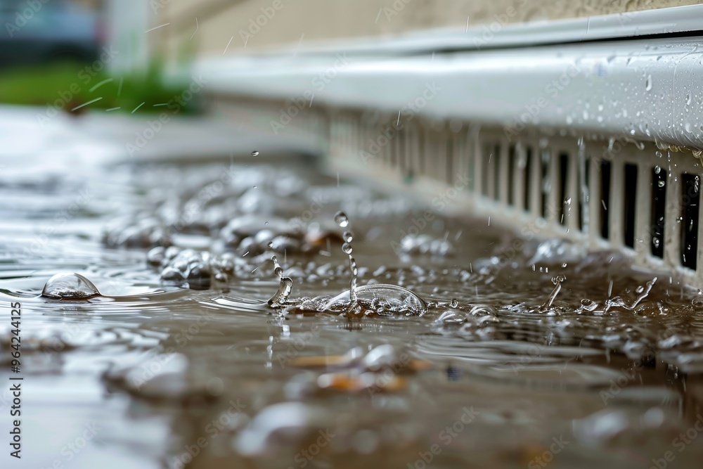 Rainwater Flows Down Drainpipe into Gutter with Grate, Between Paving ...