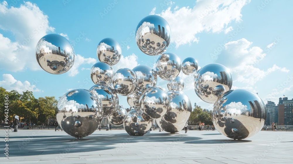 Visitors explore a public plaza filled with shiny, reflective spheres ...