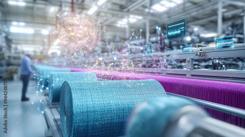 Advanced textile manufacturing process showcasing colorful yarn spools ...