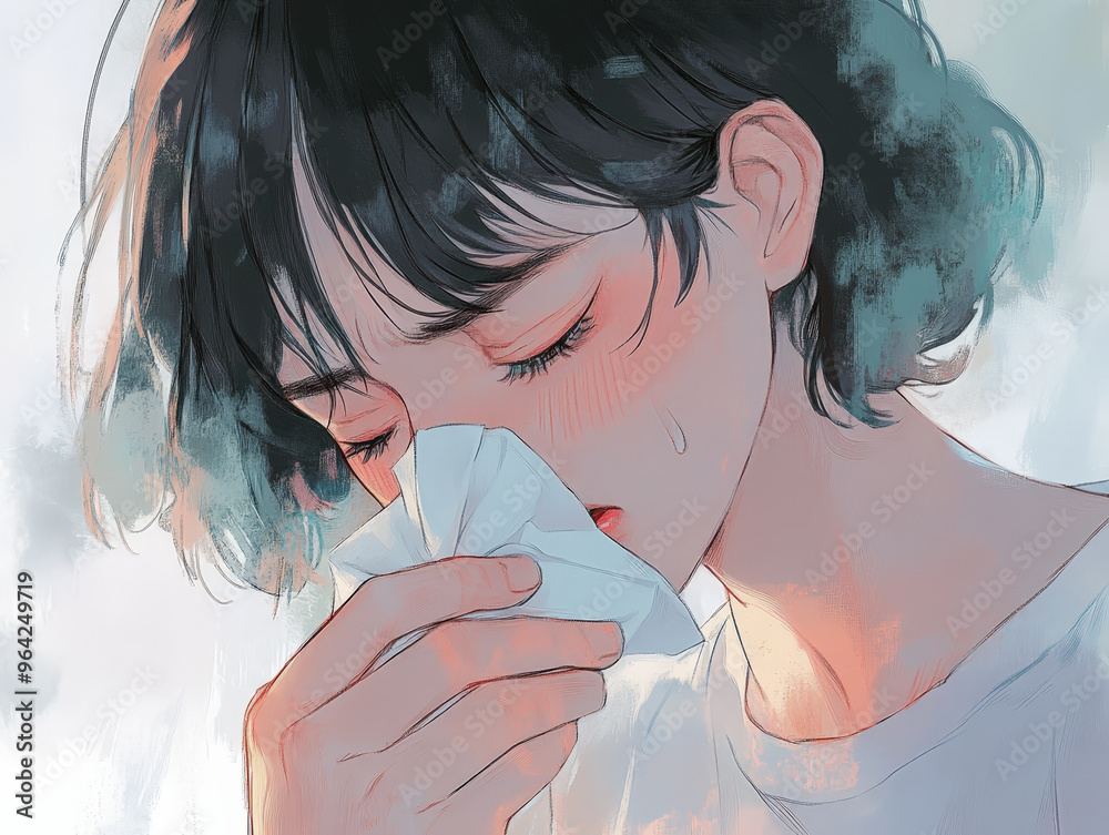 Suffering in Silence: Anime Character Coughing into Handkerchief with ...