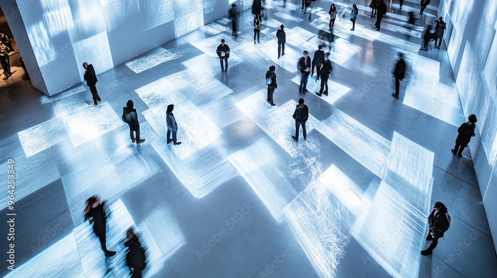 Visitors wander through an art installation featuring dynamic light ...