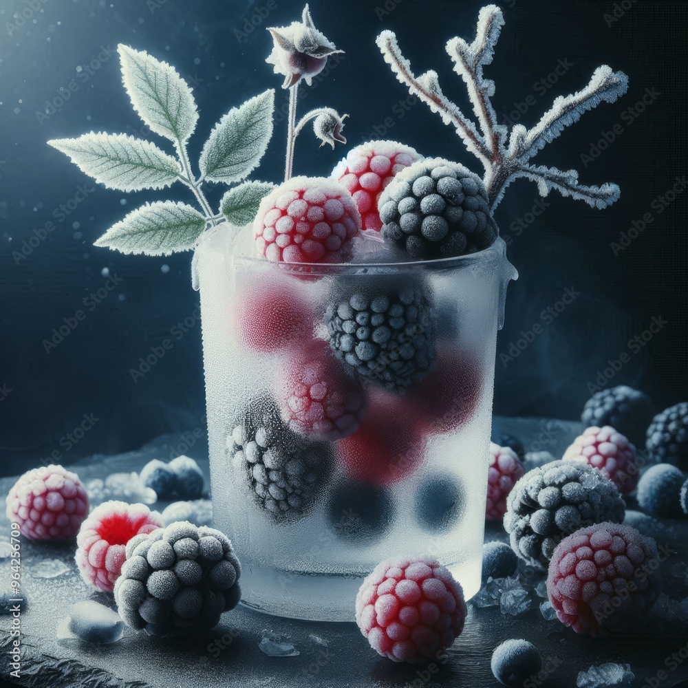 A glass filled with frosty berries, including raspberries and ...