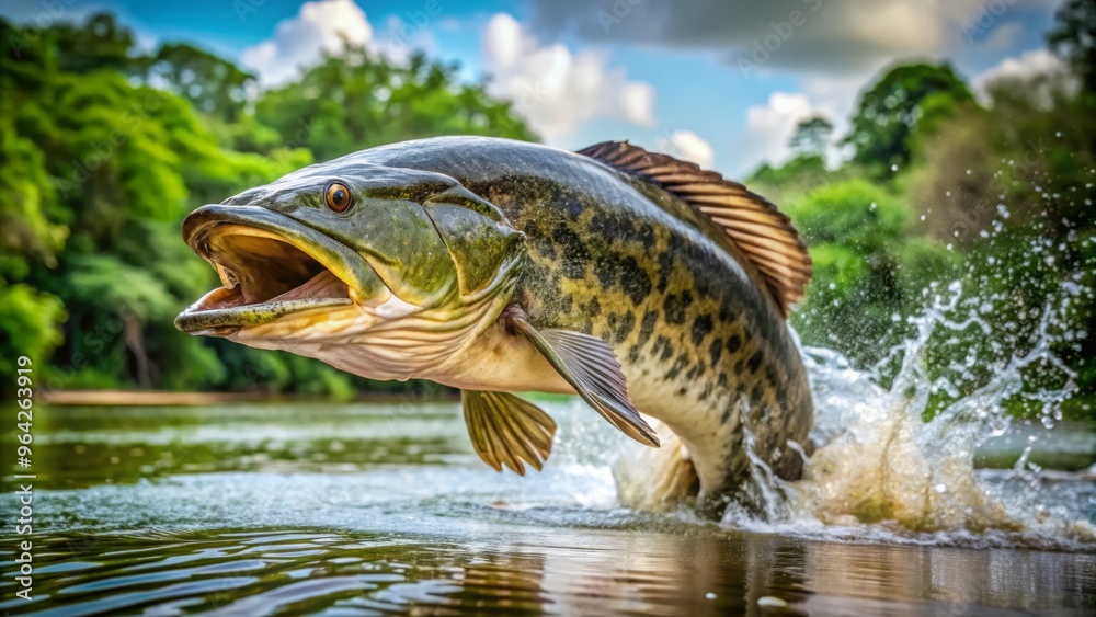 A massive, scaly, green-brown snakehead fish breaches the surface of a ...