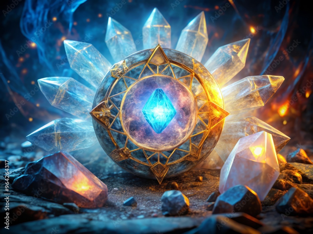 Vibrant ancient runes glow around a central crystal, tracing a circular ...
