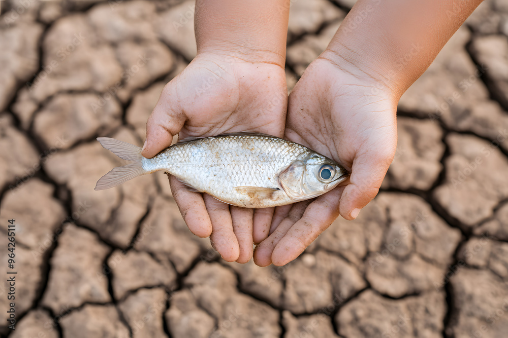 Child's Hand Holding a Dead Fish on Cracked Earth Soil | Environmental ...
