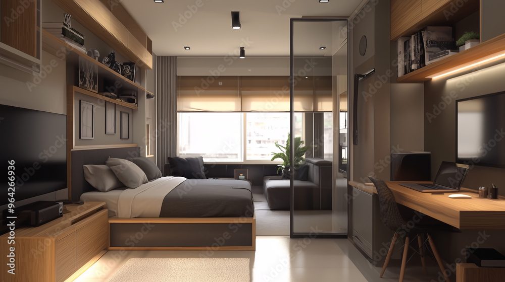 Compact studio space featuring a sliding glass divider to separate the ...