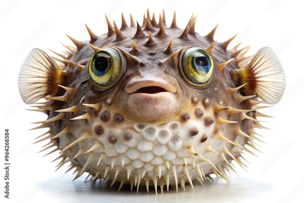 isolated ugly puffer fish with bulging eyes and spiky skin inflated for ...