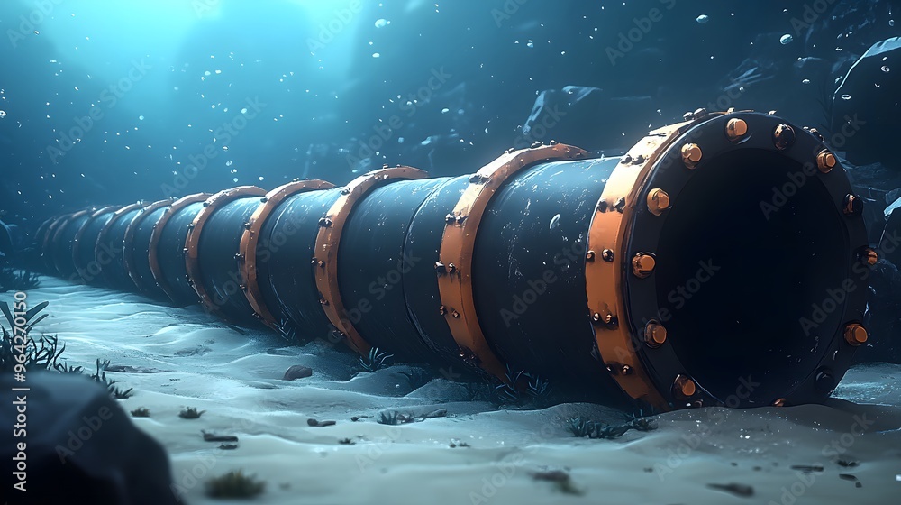 A long pipe is shown in the water with orange and black colors. The ...