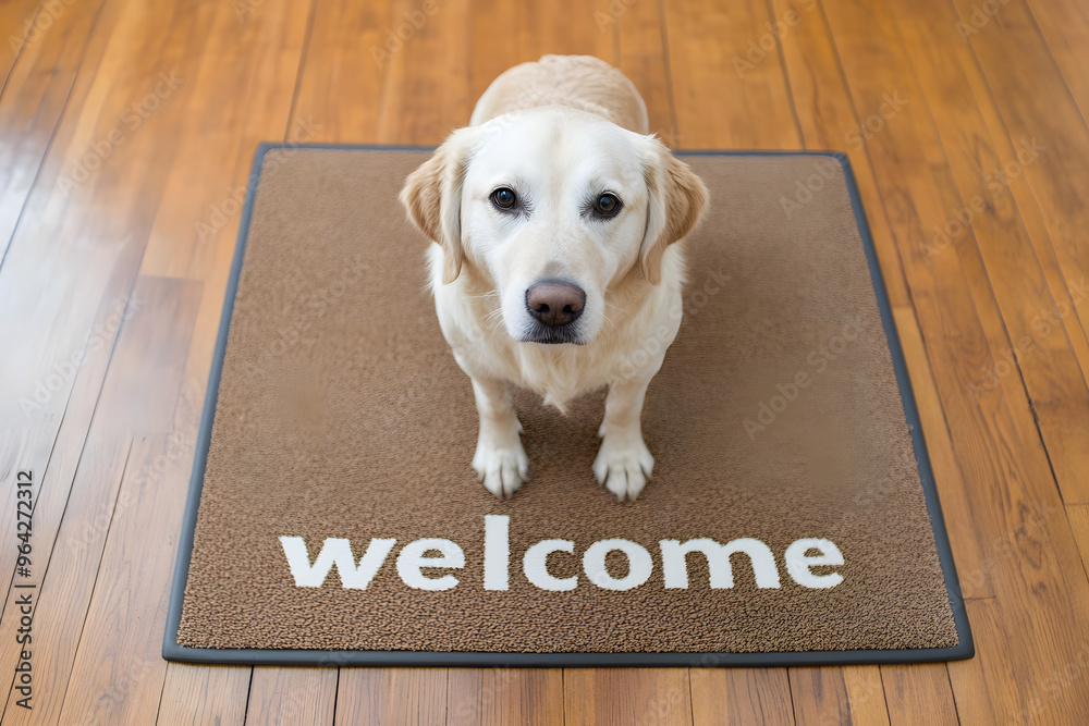 Dog Welcoming Home on a Brown Mat with 'Welcome' Writing | Warm and ...