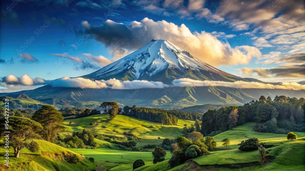 Majestic snow-capped Taranaki Mountain rises above lush green forests ...