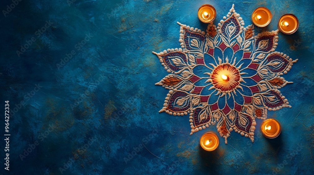 A richly detailed rangoli pattern spread across a deep blue background ...