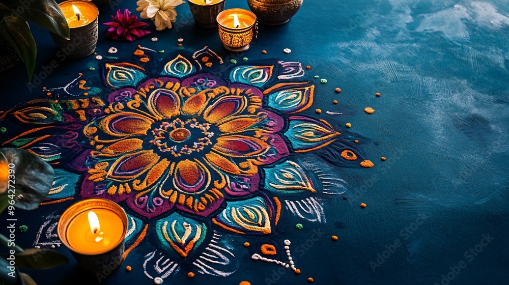 A richly detailed rangoli pattern spread across a deep blue background ...