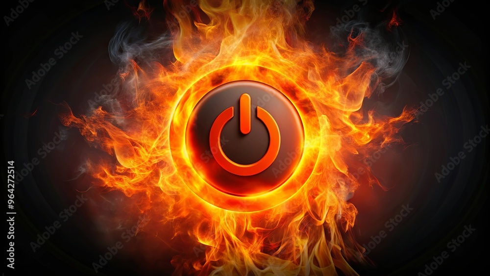 Burning power button symbolizing overheating, malfunction, and danger ...