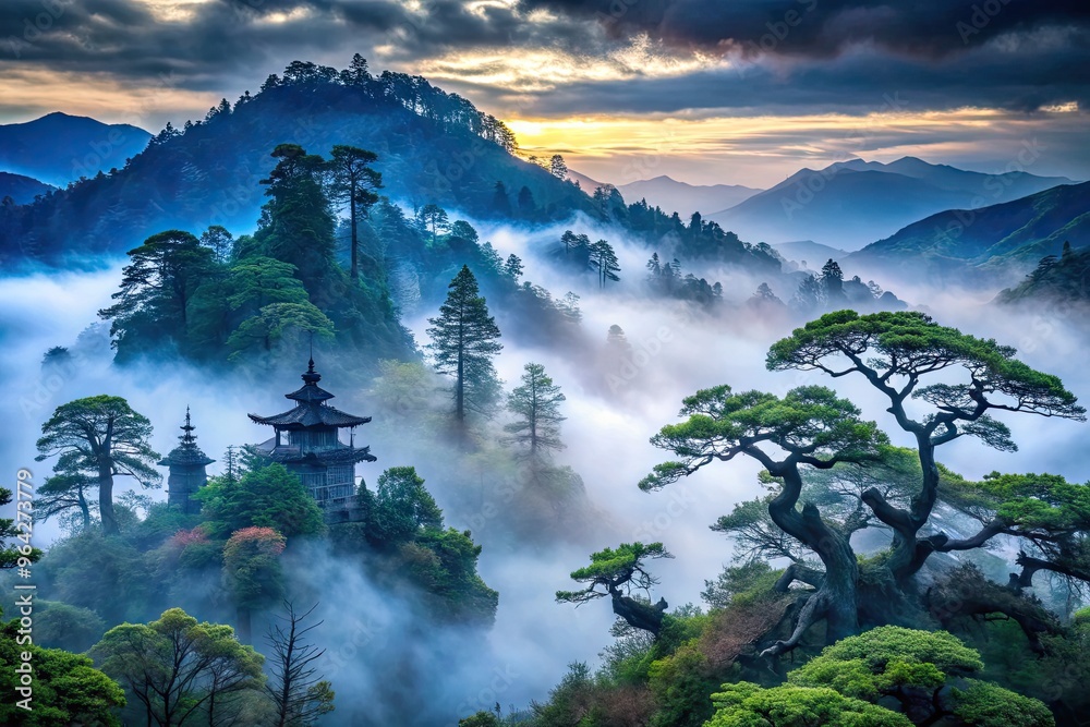 Misty dawn breaks over the eerie, twisted trees of Japan's sacred ...
