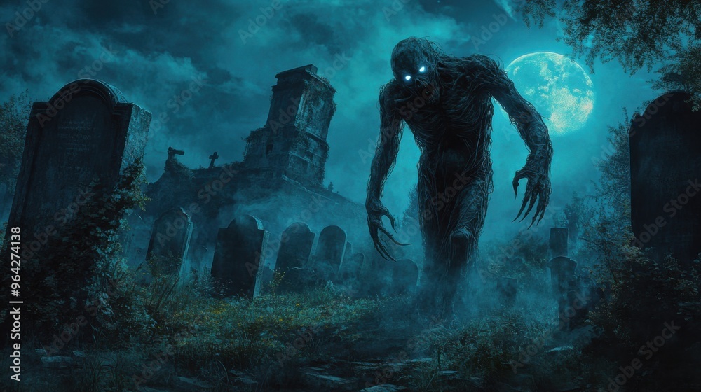 Detailed and Eerie Illustration of a Skin-Walker with Glowing Eyes and ...