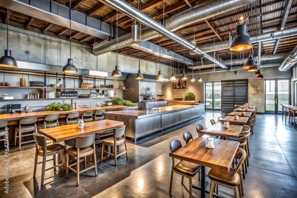 Modern industrial-chic eatery features an open kitchen, exposed ...