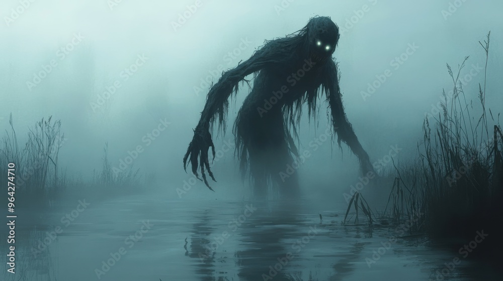 Detailed and Eerie Illustration of a Skin-Walker with Glowing Eyes and ...