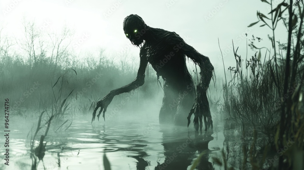 Detailed and Eerie Illustration of a Skin-Walker with Glowing Eyes and ...