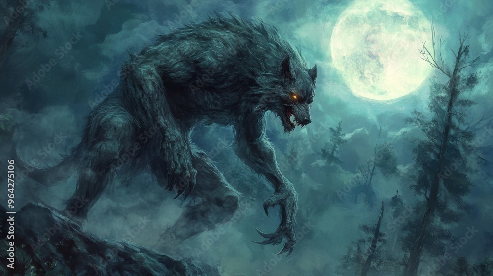 Detailed and Eerie Illustration of a Skin-Walker with Glowing Eyes and ...
