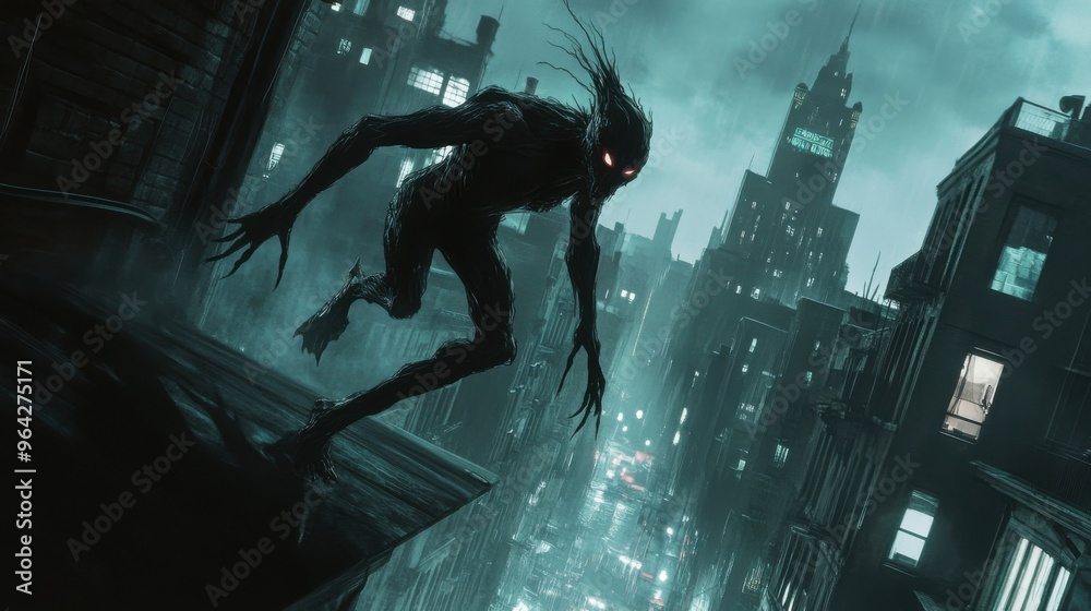 Detailed and Eerie Illustration of a Skin-Walker with Glowing Eyes and ...