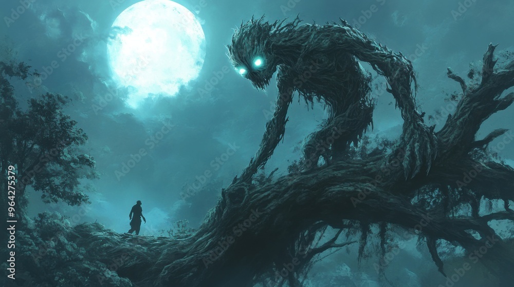 Detailed and Eerie Illustration of a Skin-Walker with Glowing Eyes and ...