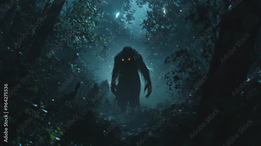Detailed and Eerie Illustration of a Skin-Walker with Glowing Eyes and ...