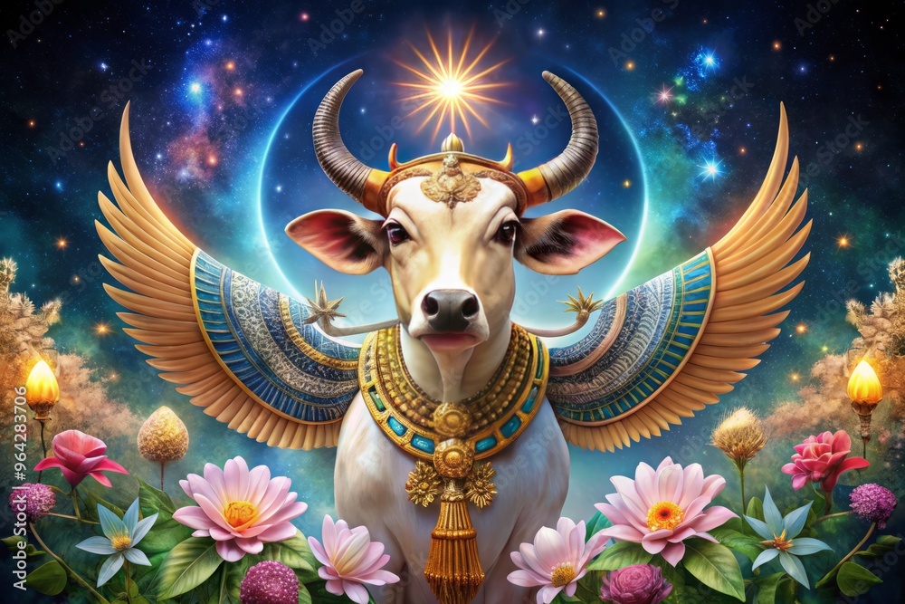 "Winged cow goddess of ancient Egyptian goddesses, surrounded by lotus ...