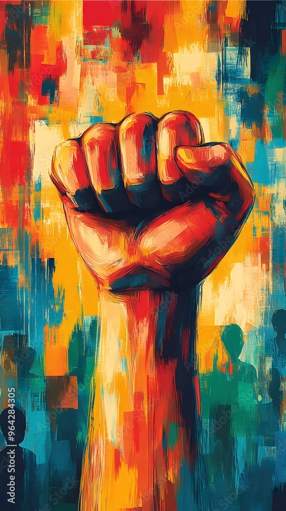 This artwork depicts a strong, raised fist against a colorful abstract ...