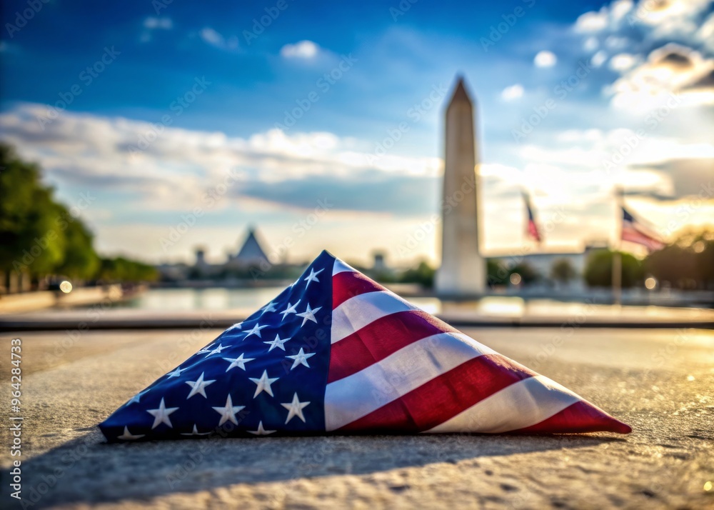 A worn American flag is carefully folded to create a precise triangle ...