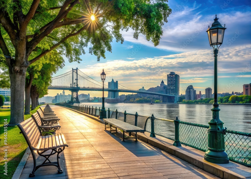 Serene morning scene of Detroit Riverwalk with lush greenery, benches ...