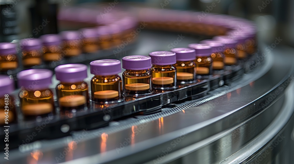 Pharmaceutical manufacturing process with purple-cap vials on a ...