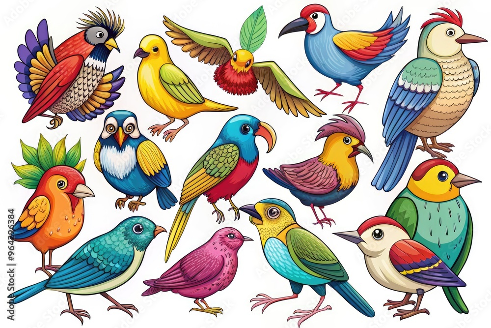 Vibrant And Whimsical Cartoon Illustrations Of Various Avian Species In ...
