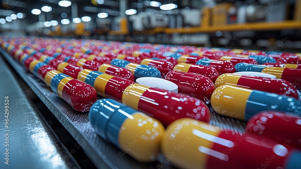 Colorful capsules move along a conveyor belt in a pharmaceutical ...