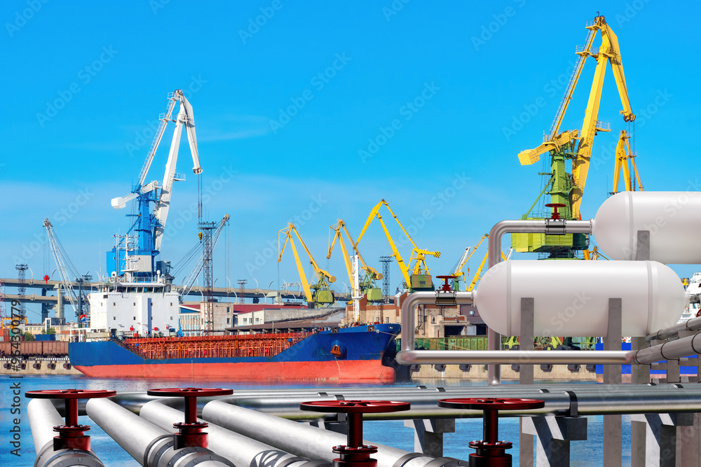 Gas equipment in seaport. Terminal for loading LNG onto ship. Gas pipes ...