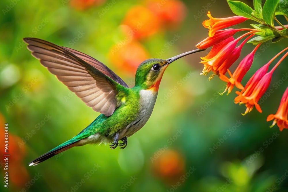 Vibrant hummingbird sips nectar from a delicate, trumpet-shaped flower ...