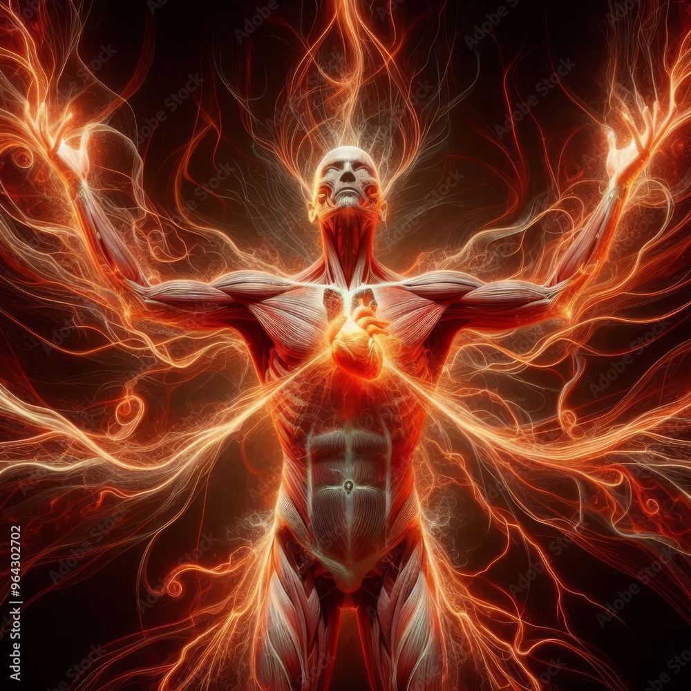 An electrifying depiction of a muscular anatomical figure radiating ...