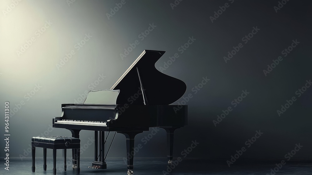 Realistic black grand piano, stool. Classical keyboard musical ...
