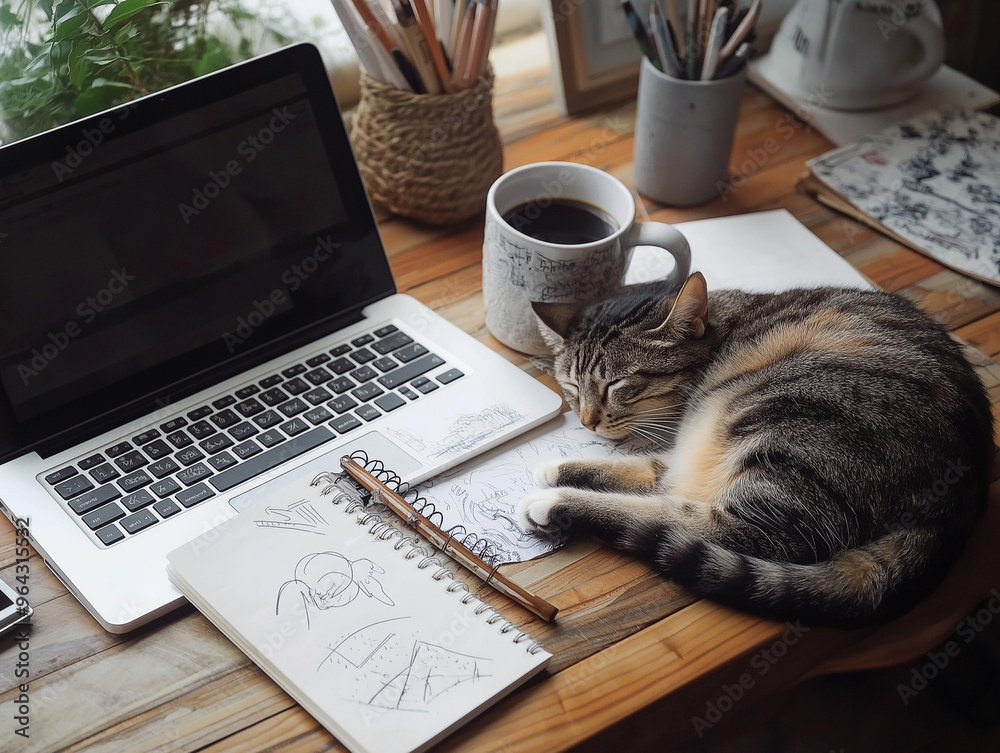 Aesthetic photo of A cluttered desk in a creative workspace with ...