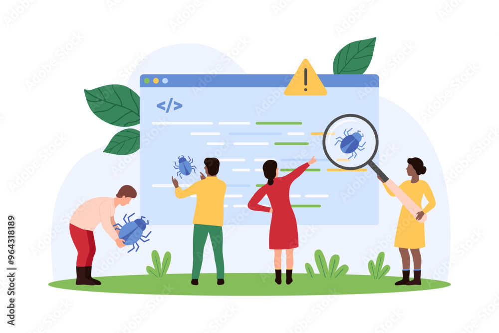 Bugs search in software and mobile app code, testing. Tiny people look ...