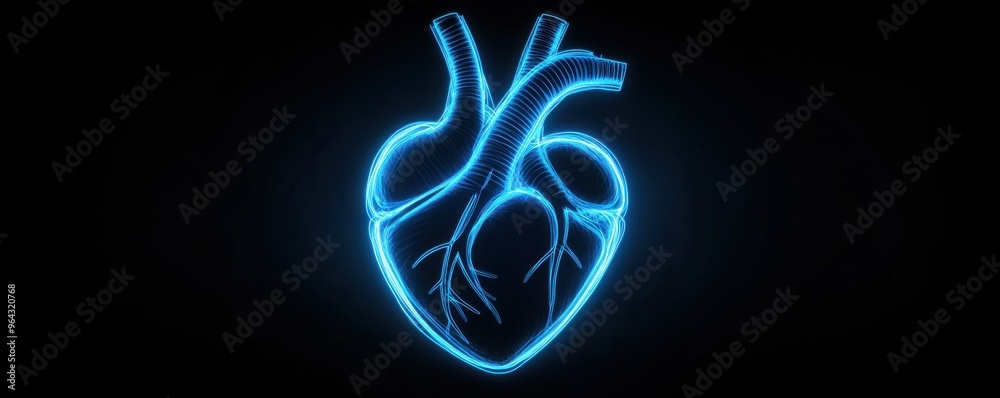 Blue neon outline of anatomical heart glowing in the dark symbolizing ...