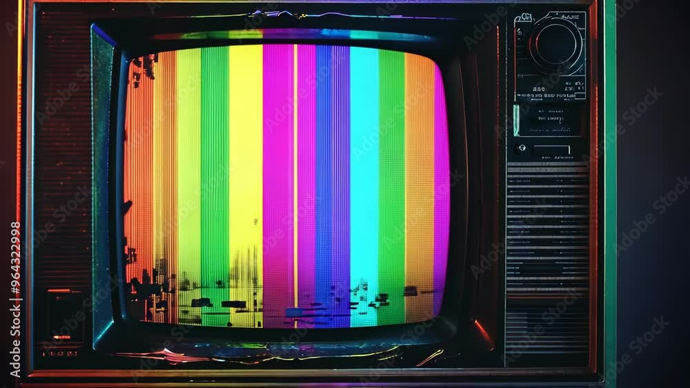 Retro television display with colorful static at night in a dimly lit ...