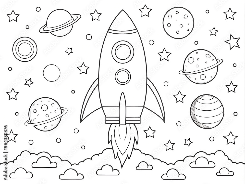 Coloring page for kids with a rocket taking off against different ...