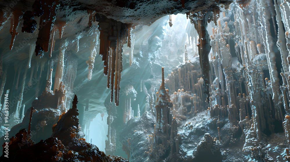 Cave system with stalactites and stalagmites formed from bundles of ...
