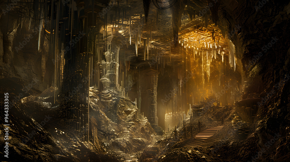 Cave system with stalactites and stalagmites formed from bundles of ...