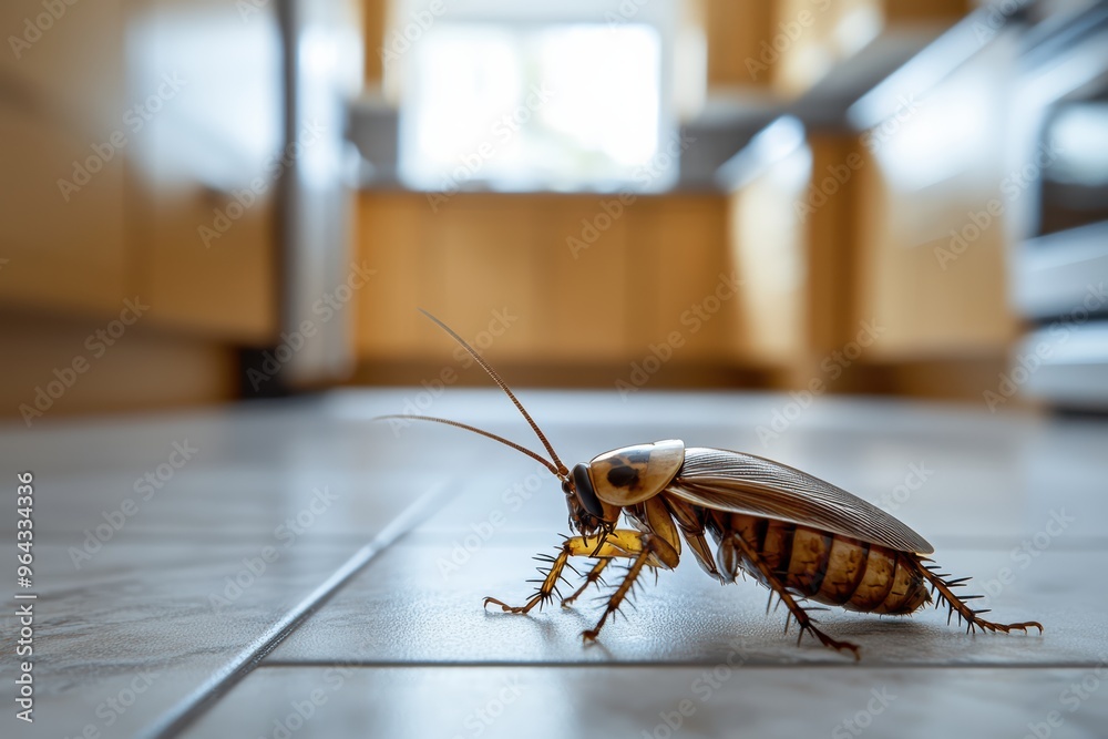 A cockroach on kitchen floor, showcasing its detailed features in ...