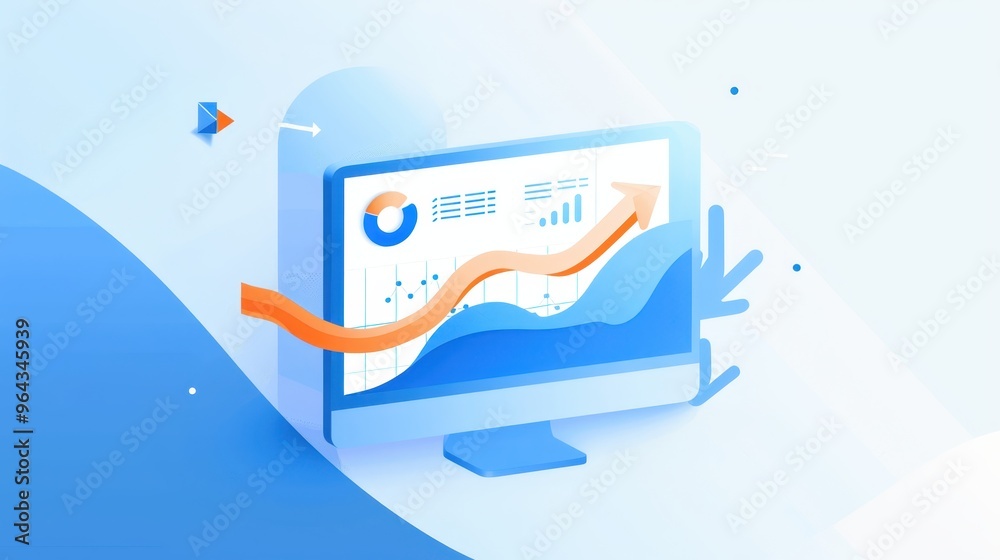 Stylized representation of a computer monitor displaying various charts and graphs, indicating a ...