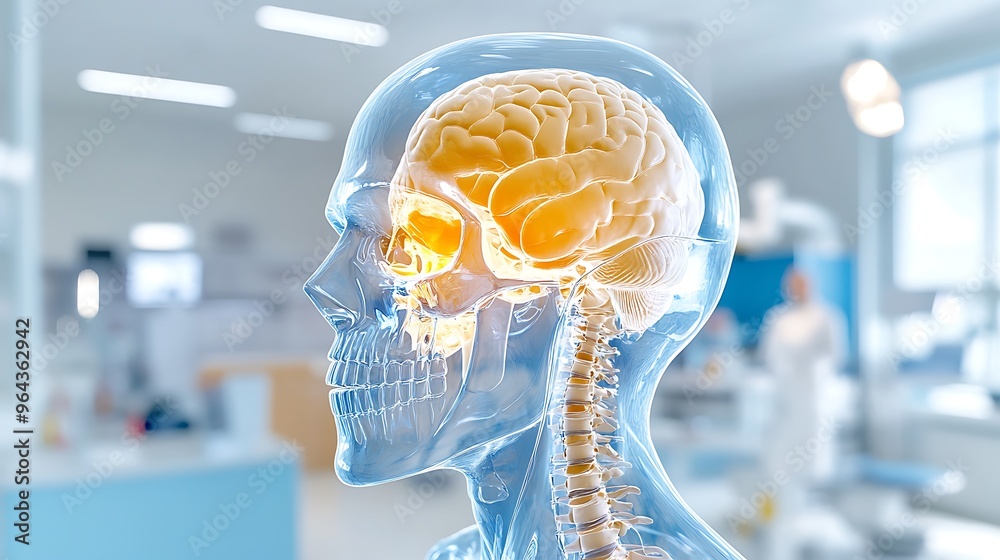 A human skeleton with a translucent blue hue in a modern medical ...