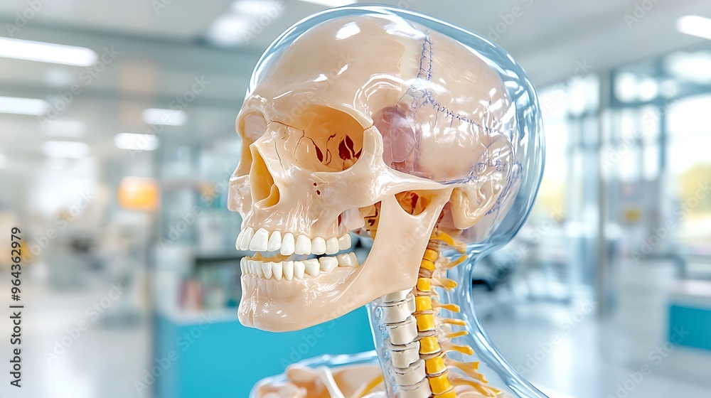 A human skeleton with a translucent blue hue in a modern medical ...