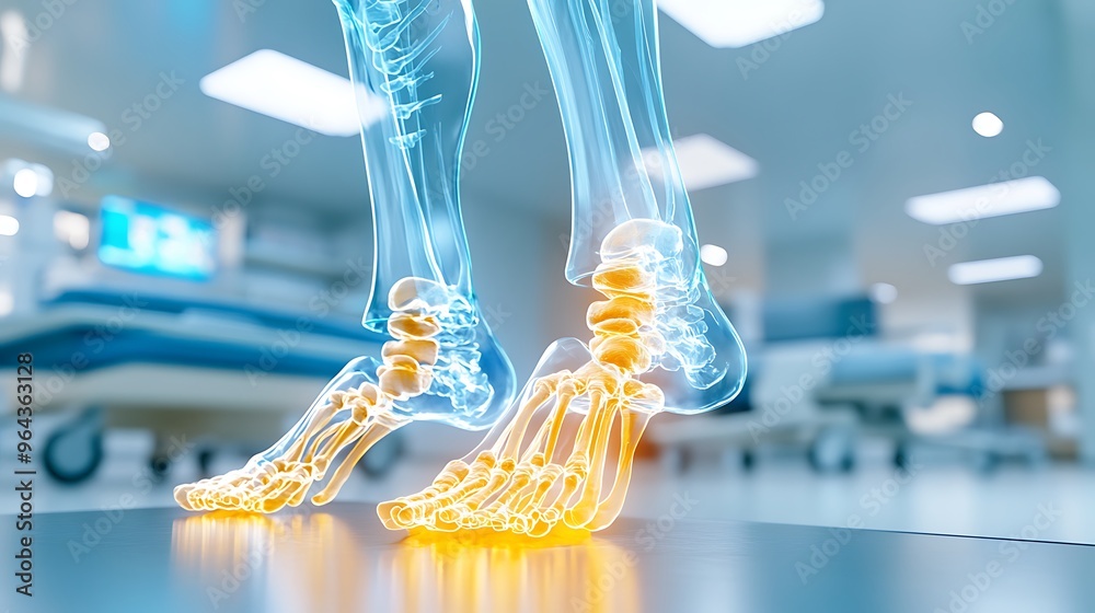 A human skeleton with a translucent blue hue in a sleek hospital room ...