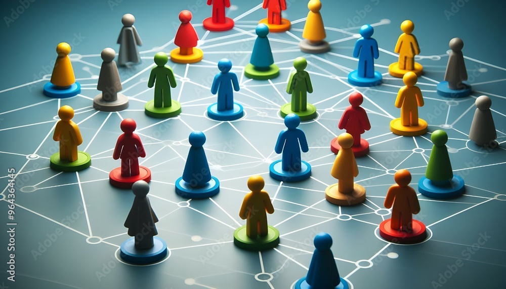 Colorful figurines connected by lines on a network grid illustrating ...